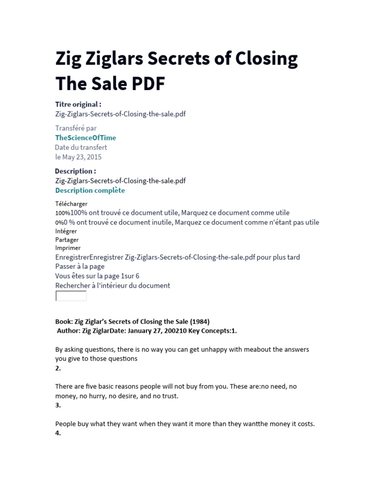 Zig Ziglars Secrets of Closing The Sale PDF | PDF | Sales | Thought