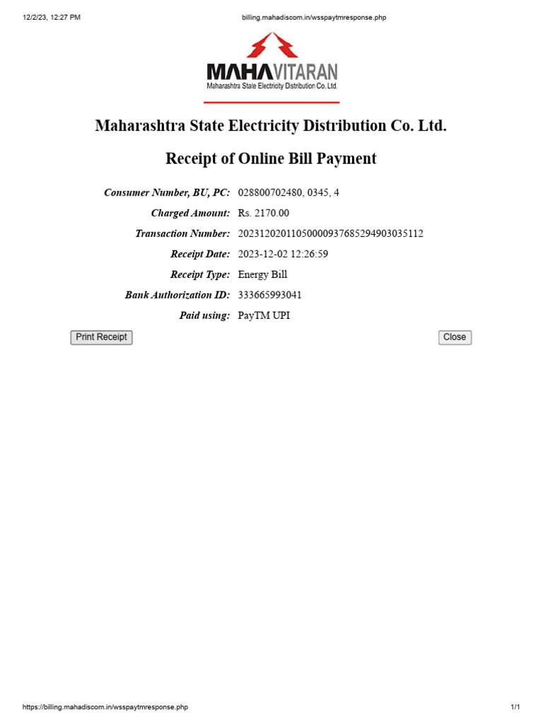 Billing - Mahadiscom.in Wsspaytmresponse - PHP | PDF