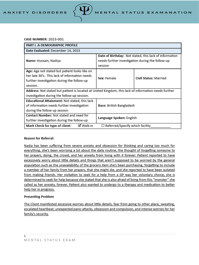 Anxiety Disorder MSE | PDF | Anxiety Disorder | Mental Disorder