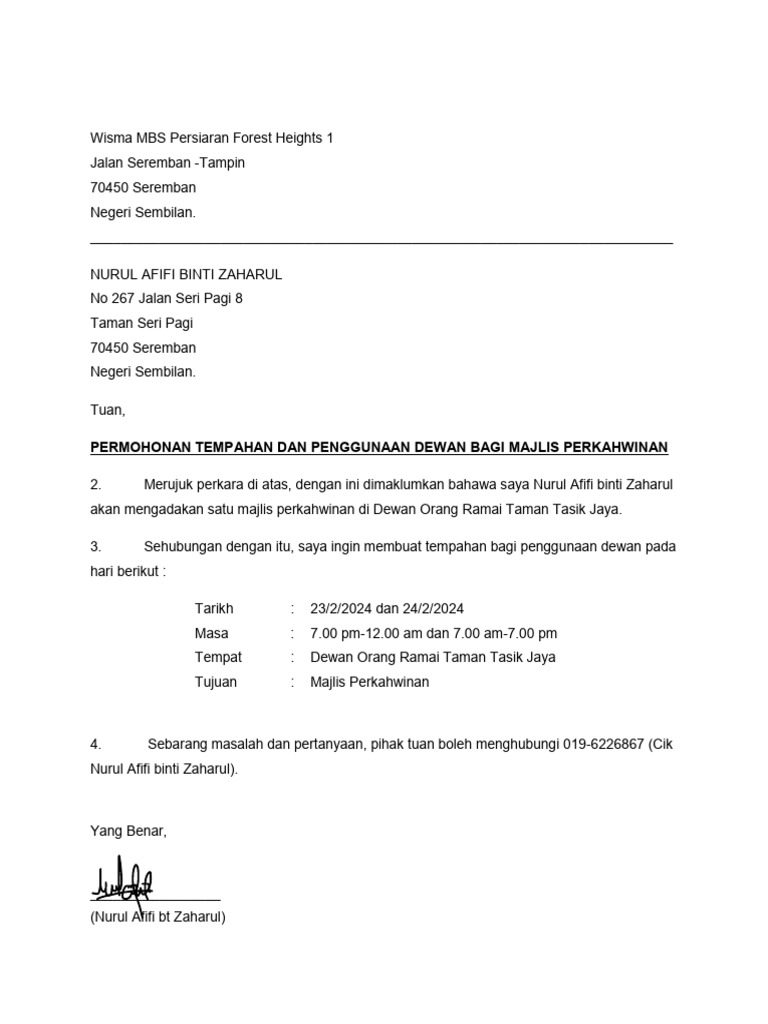 Surat Tempahan Dewan | PDF