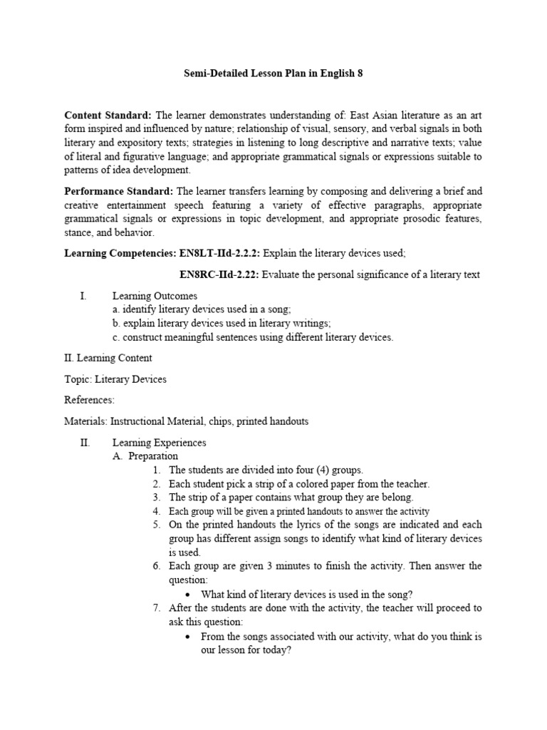 Literary Devices Lesson Plan for Grade 8 | PDF | Learning | Lesson Plan
