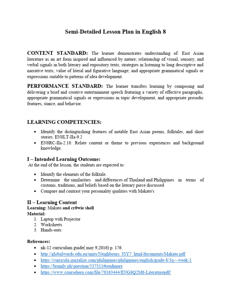 Semi-Detailed Lesson Plan in English 8 | PDF | Learning | Lesson Plan