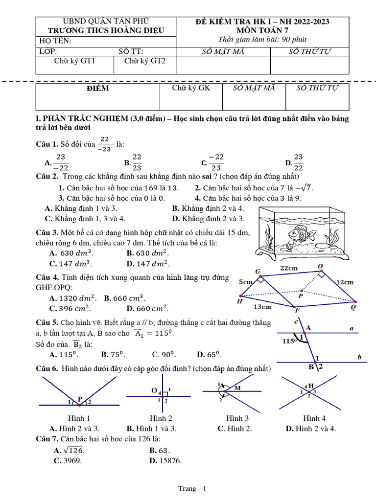 De Kiem Tra Hki Toan 7 Nam 2022 2023 Truong Thcs Hoang Dieu TP HCM | PDF