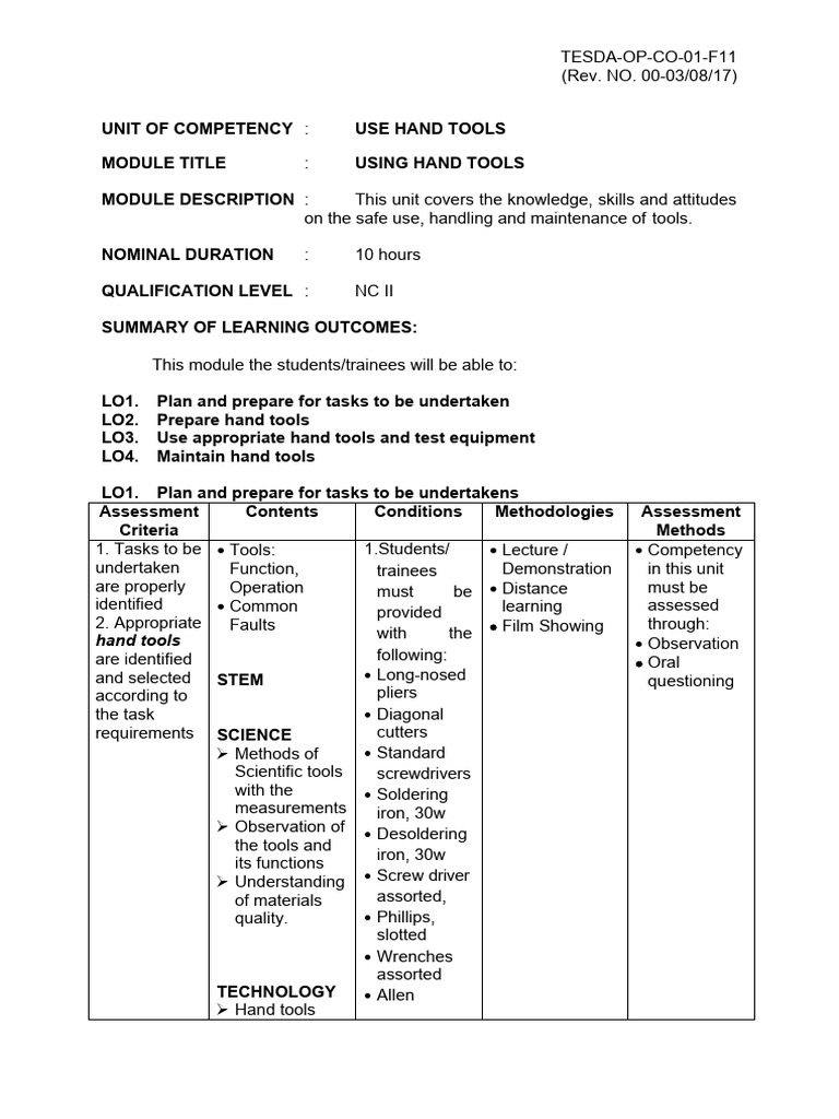 Unit of Competency | PDF | Tools