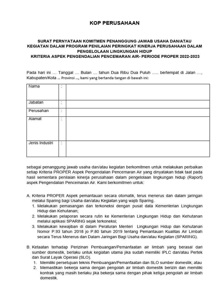 Surat Komitmen PROPER 2024 | PDF