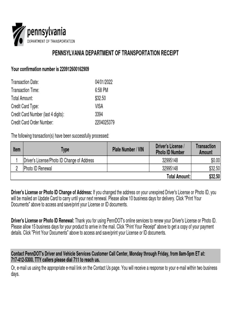 PA Driver's License Renewal Receipt | PDF