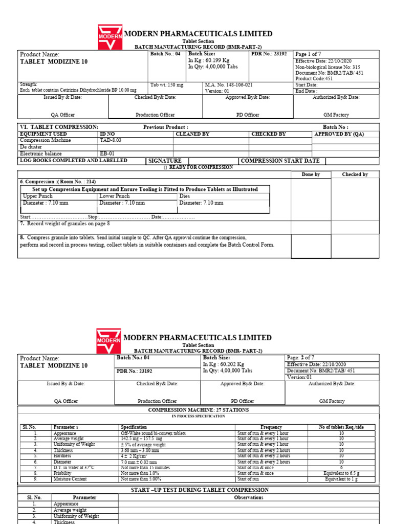 Tab. Modizine 10 BMR 02 | PDF