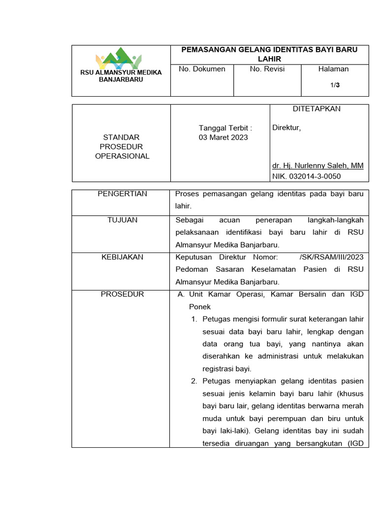 Spo Pemasangan Gelang Identitas Bayi Baru Lahir | PDF | Pengembangan ...