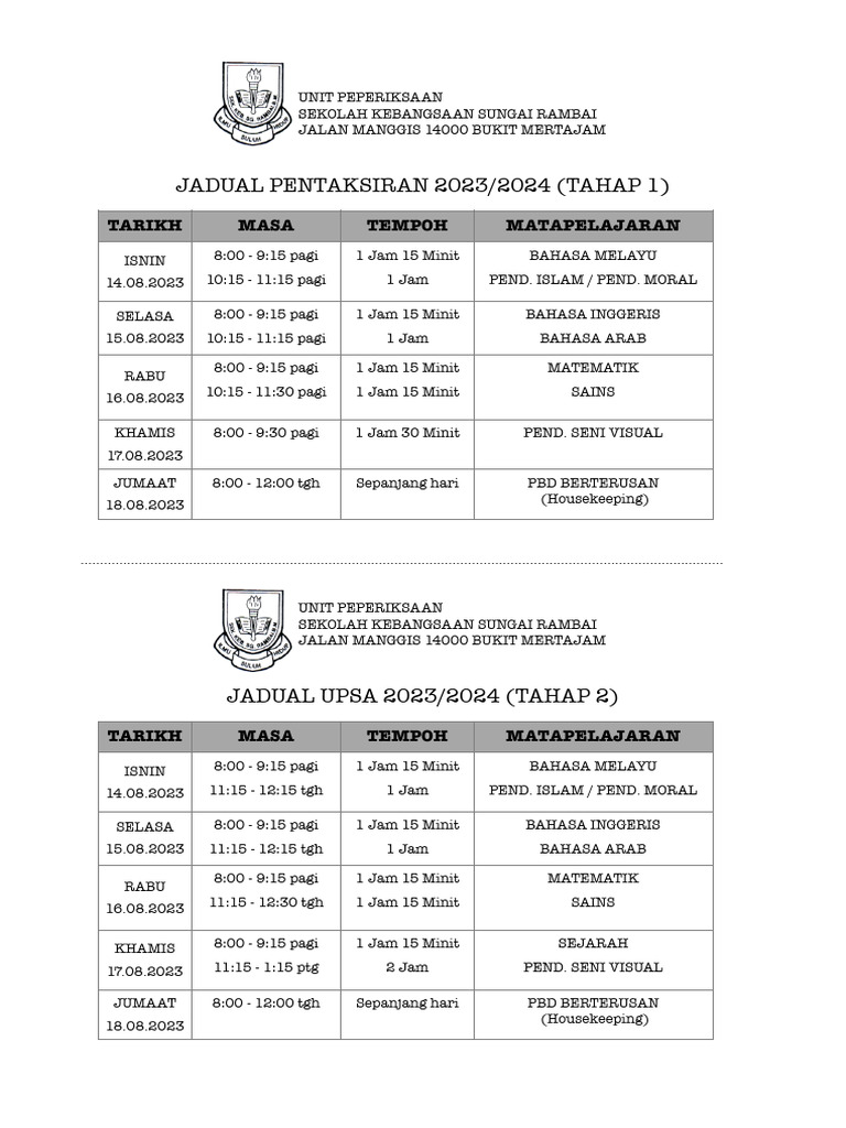 Jadual UPSA - PBD | PDF