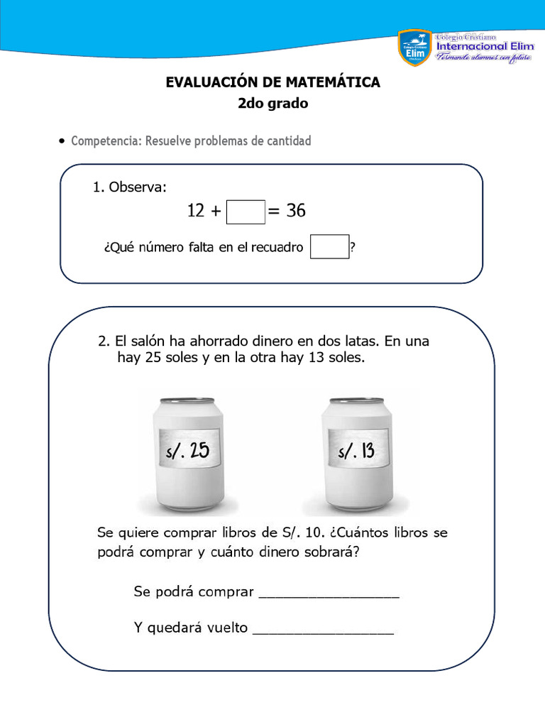 Evaluación de Matemática de 2do Grado | PDF