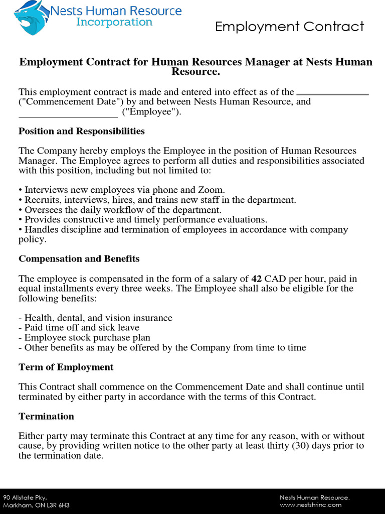 Employment Contract - Human Resources Manager | PDF | Employment | Human Resource Management