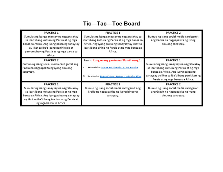 FIL 7.6 Tic Tac Toe Board Sample | PDF