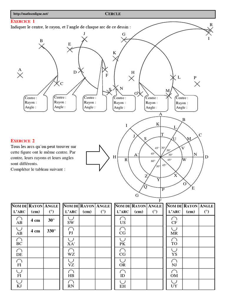 Chap 04 - Ex 2B - Arc - Vocabulaire (Centre, Rayon, Angle) - CORRIGE | PDF