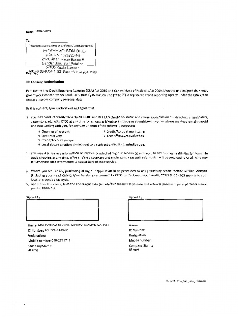 Ctos Consent Mohaamad Shamin Bin Mohaamad Sahafi | PDF