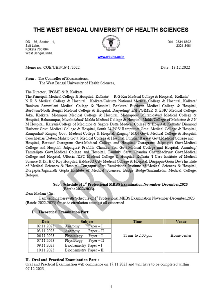 MBBS Exam Schedule Nov-Dec 2023 | PDF | Kolkata | Medicine