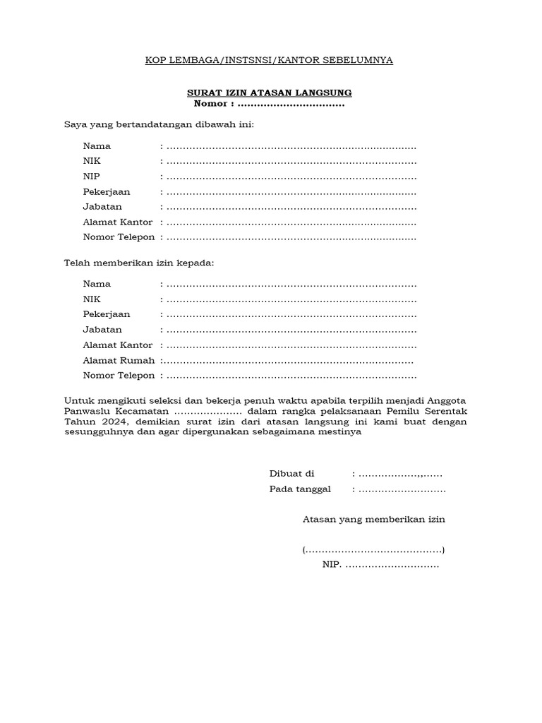 Contoh Surat Izin Atasan Langsung | PDF Contoh Surat Izin Atasan Langsung | PDF