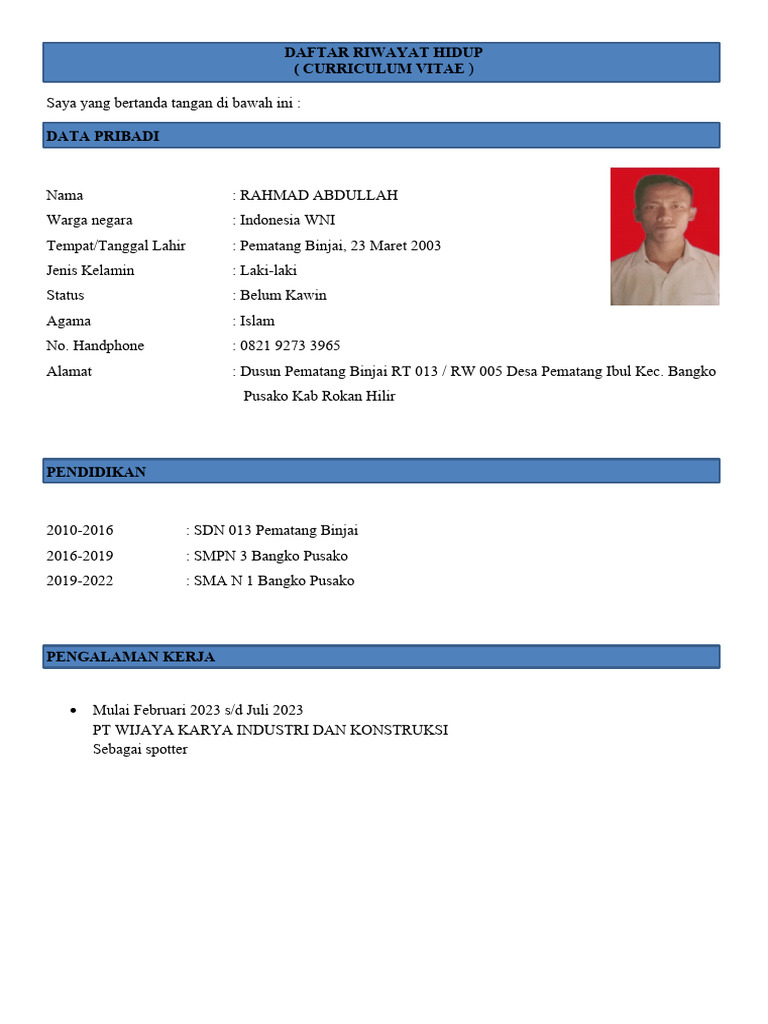 CV Rahmad Abdullah - Spotter di PT WIKA | PDF