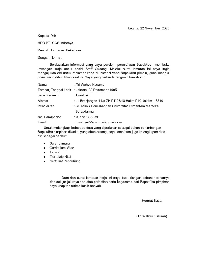 Surat Lamaran Tri Wahyu Kusuma | PDF