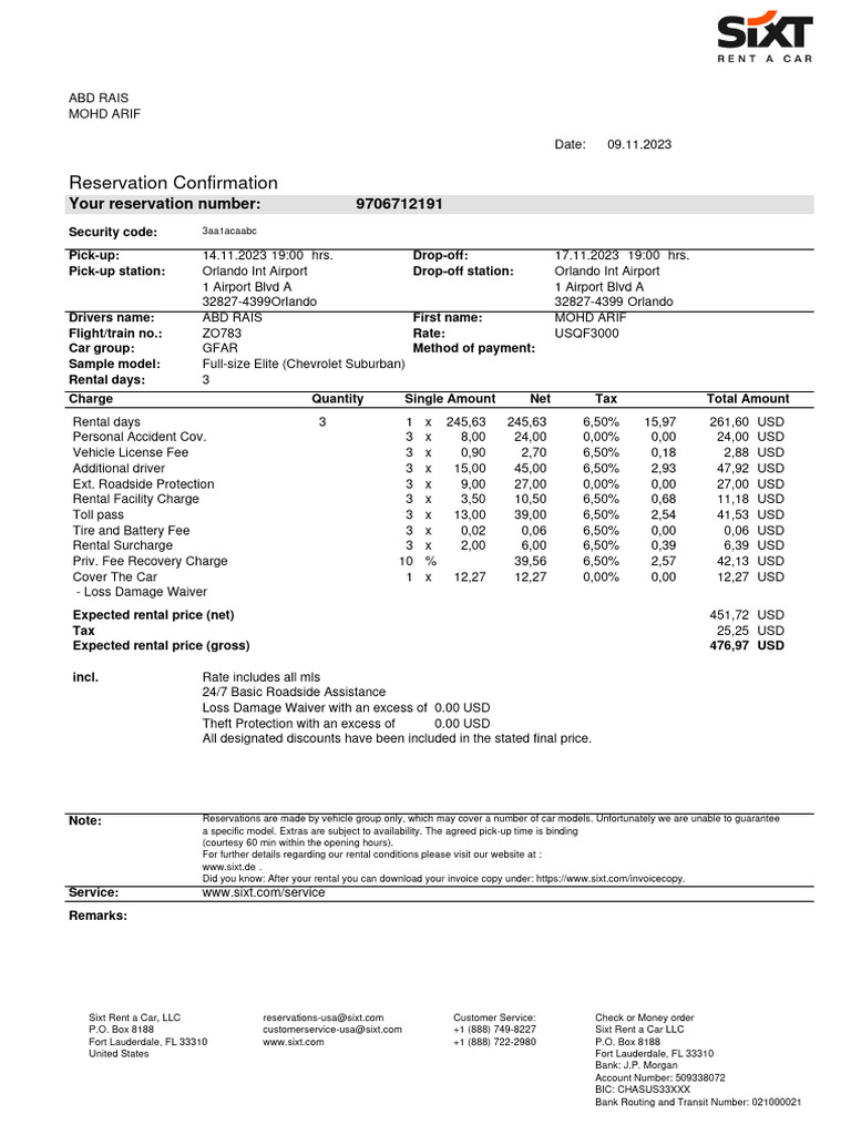 Car Rental Confirmation Details | PDF