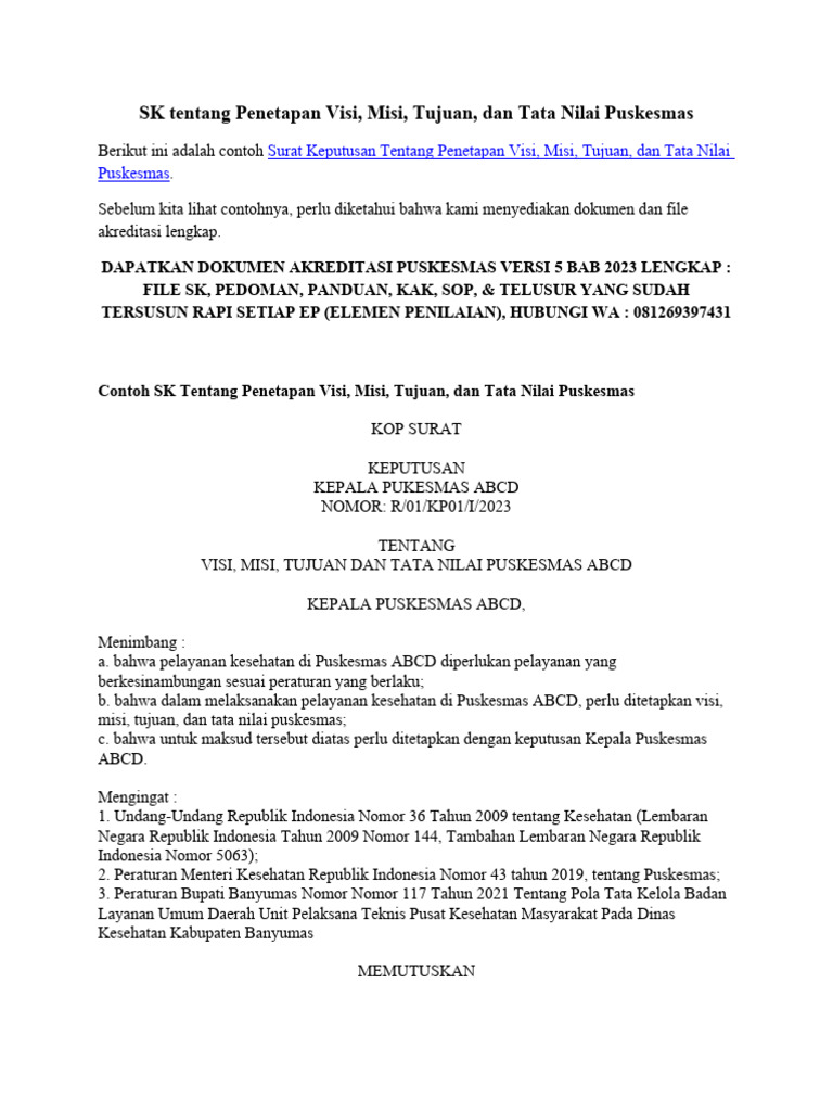 SK Tentang Penetapan Visi, Misi, Tujuan, Dan Tata Nilai Puskesmas | PDF