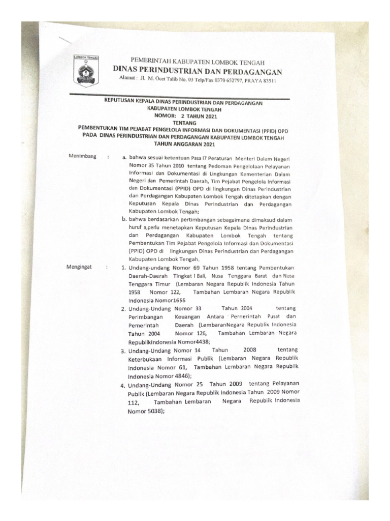 SK Ppid Disperindag Loteng 2021 | PDF