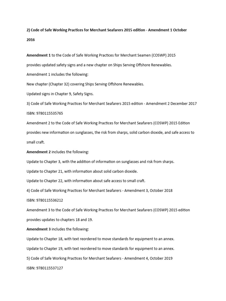 Amendment 1 To The Code of Safe Working Practices For Merchant Seamen ...