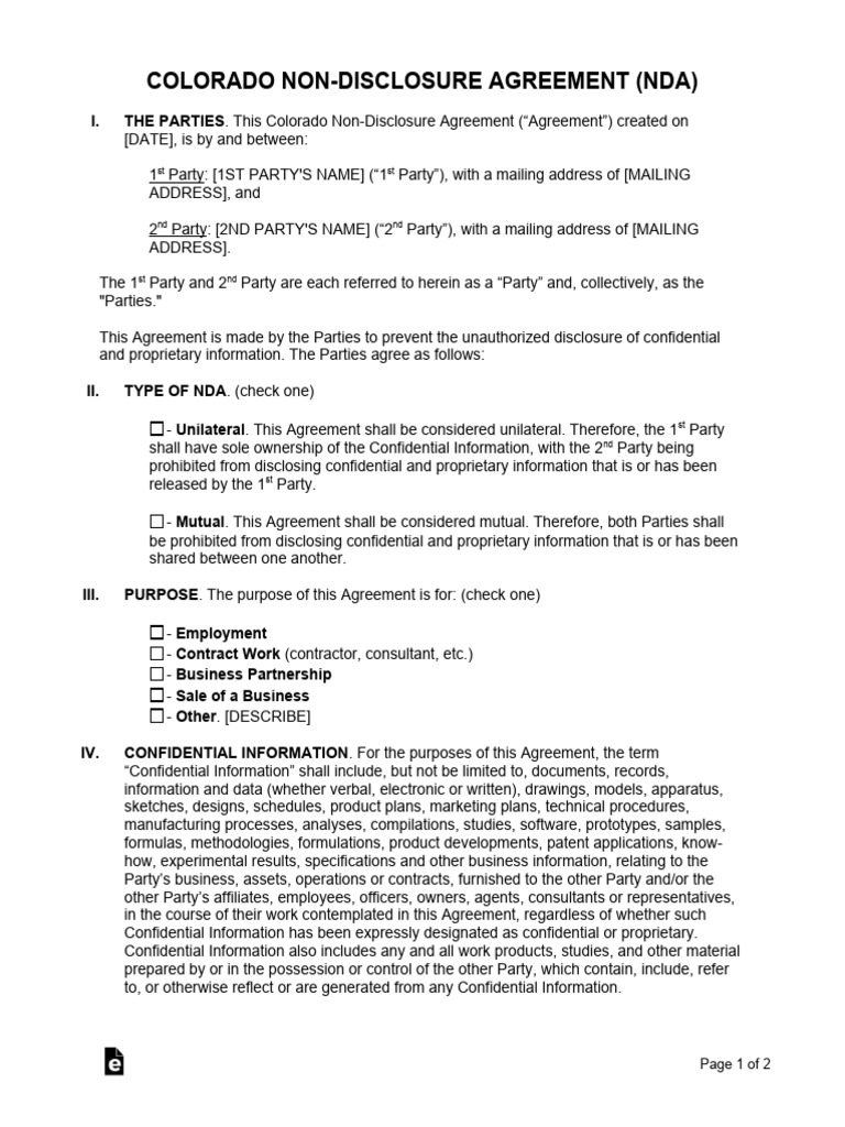 Colorado Non Disclosure Agreement NDA Template 1 | PDF