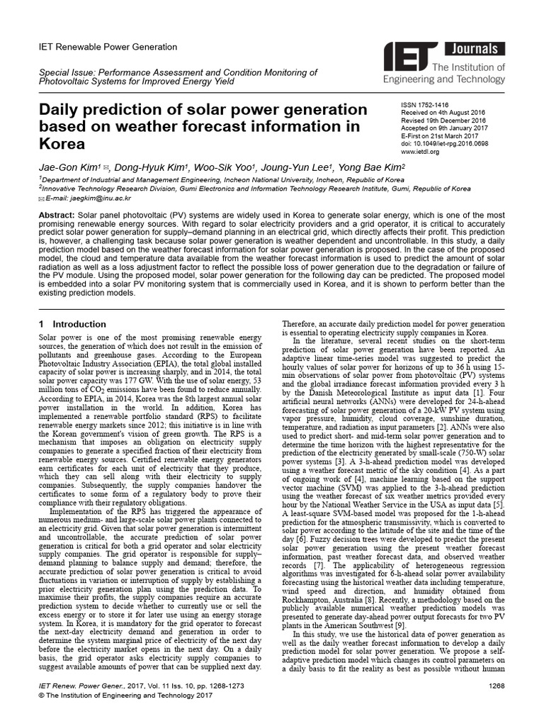 Daily Prediction of Solar Power Generation | PDF | Photovoltaic System ...