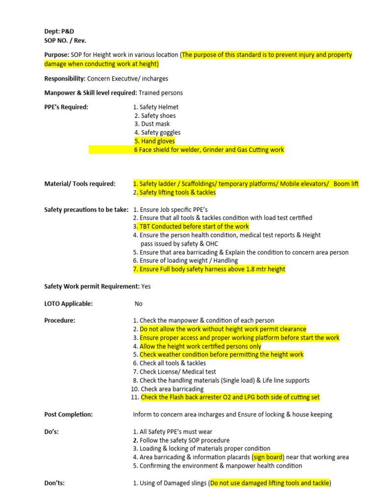 Height Work SOP | PDF | Personal Protective Equipment | Safety
