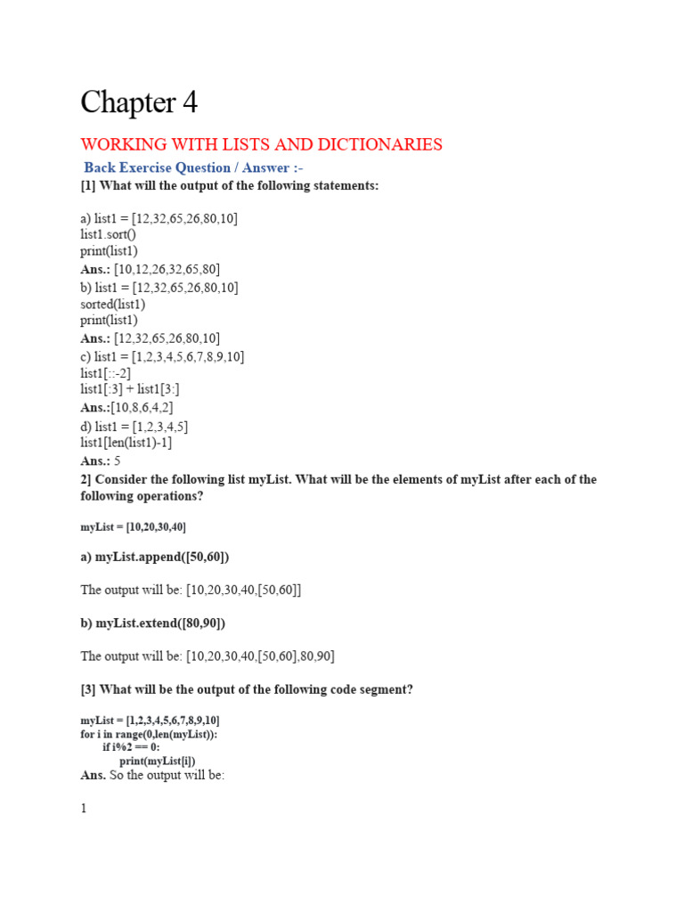Working With Lists and Dictionaries: Back Exercise Question / Answer | Download Free PDF ...