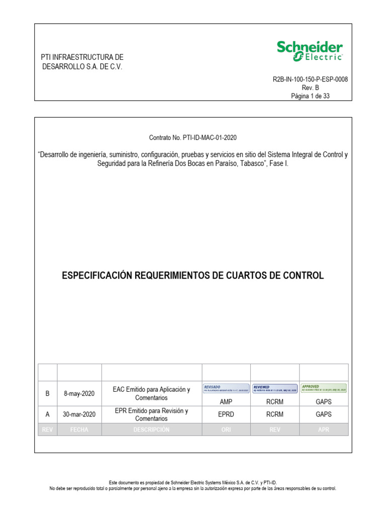 Especificación Requerimientos de Cuartos de Control: Pti Infraestructura de Desarrollo S.A. de C ...