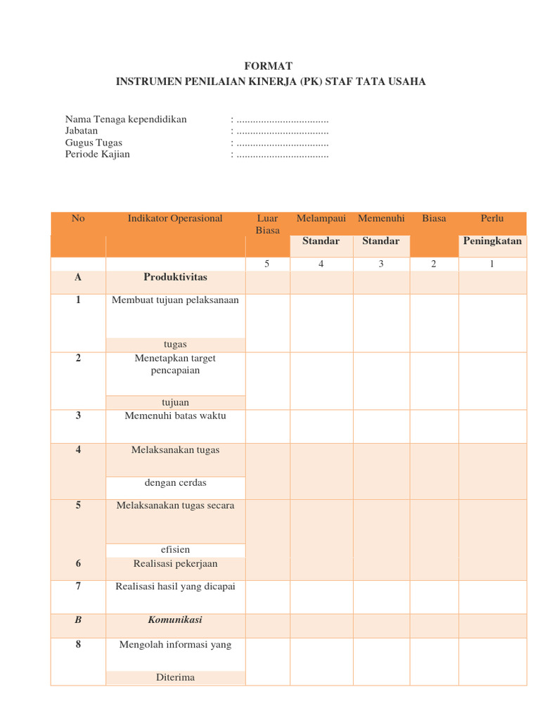Dokumen Penilaian Kinerja Tenaga Kependidikan Berupa Format Penilaian Kinerja | PDF