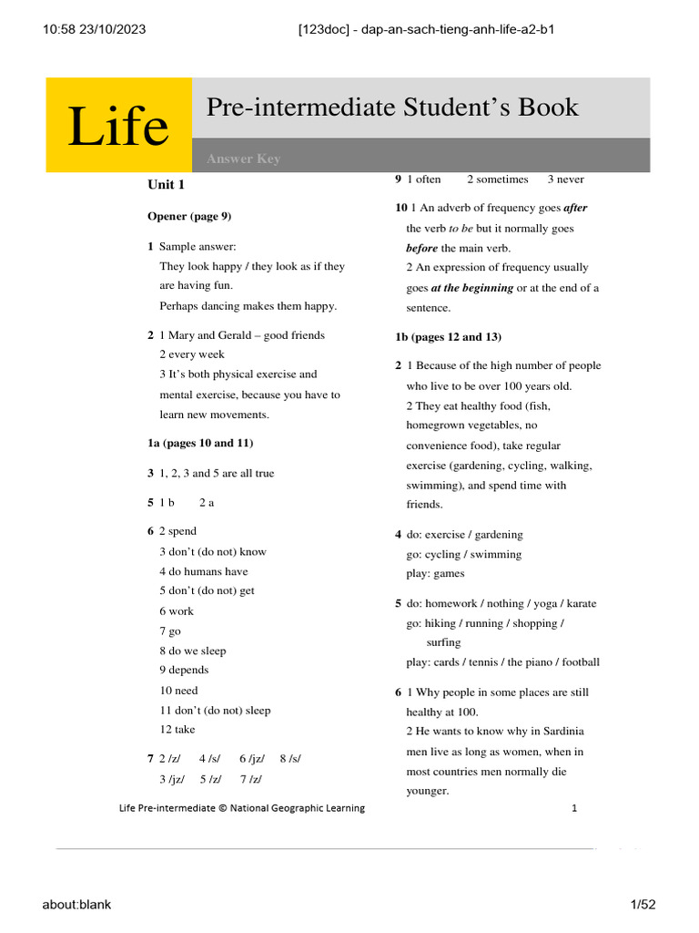 [123doc] - dap-an-sach-tieng-anh-life-a2-b1 | PDF