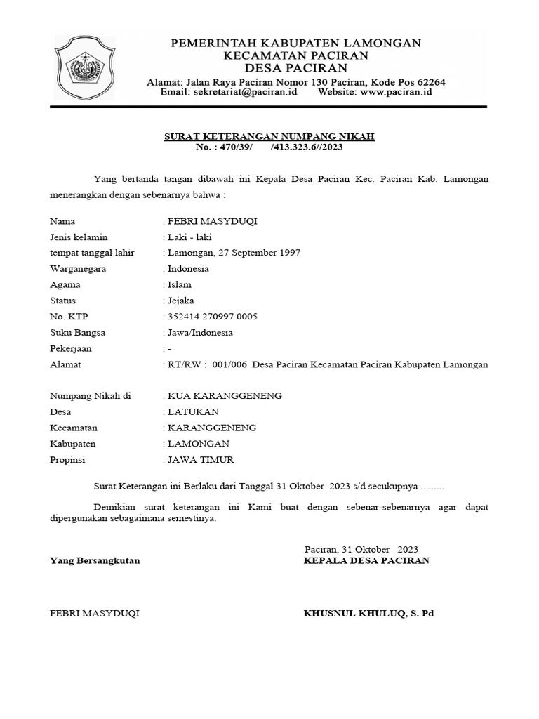 Contoh Surat Keterangan Desa Paciran | PDF
