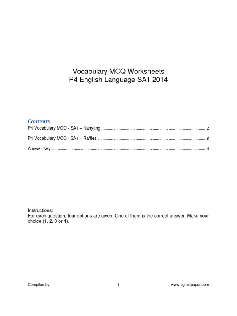 P4 Vocab MCQ Worksheet SA1 2014 | PDF | Multiple Choice
