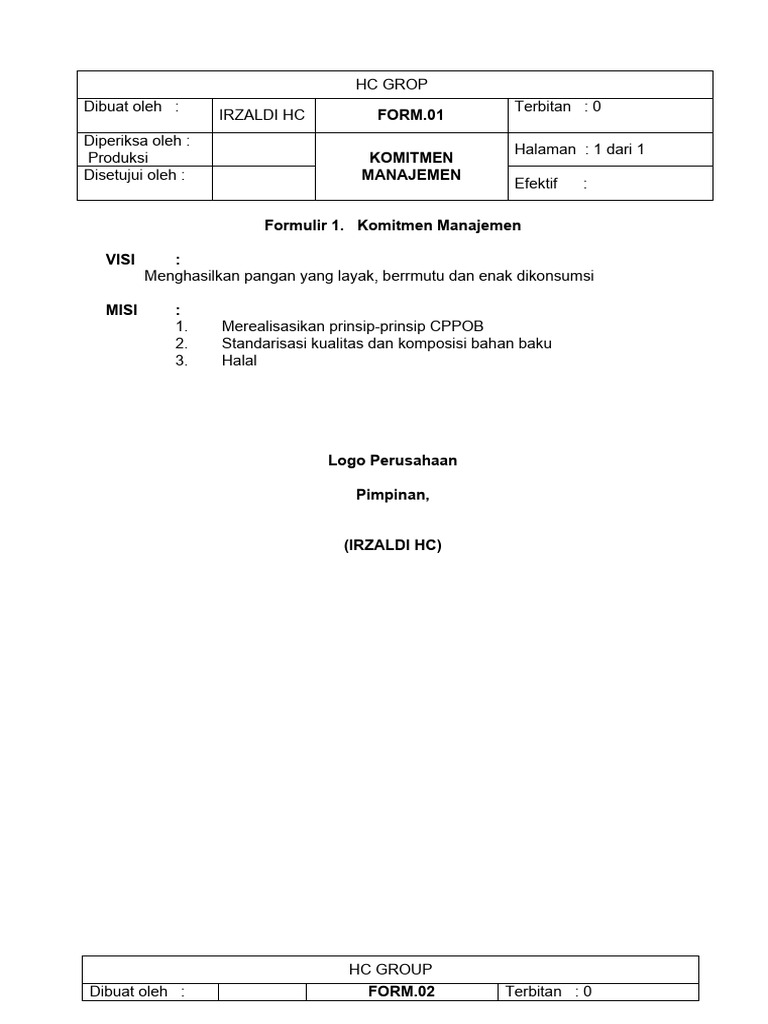 CONTOH Dokumen CPPOB IRZALDIHC | PDF