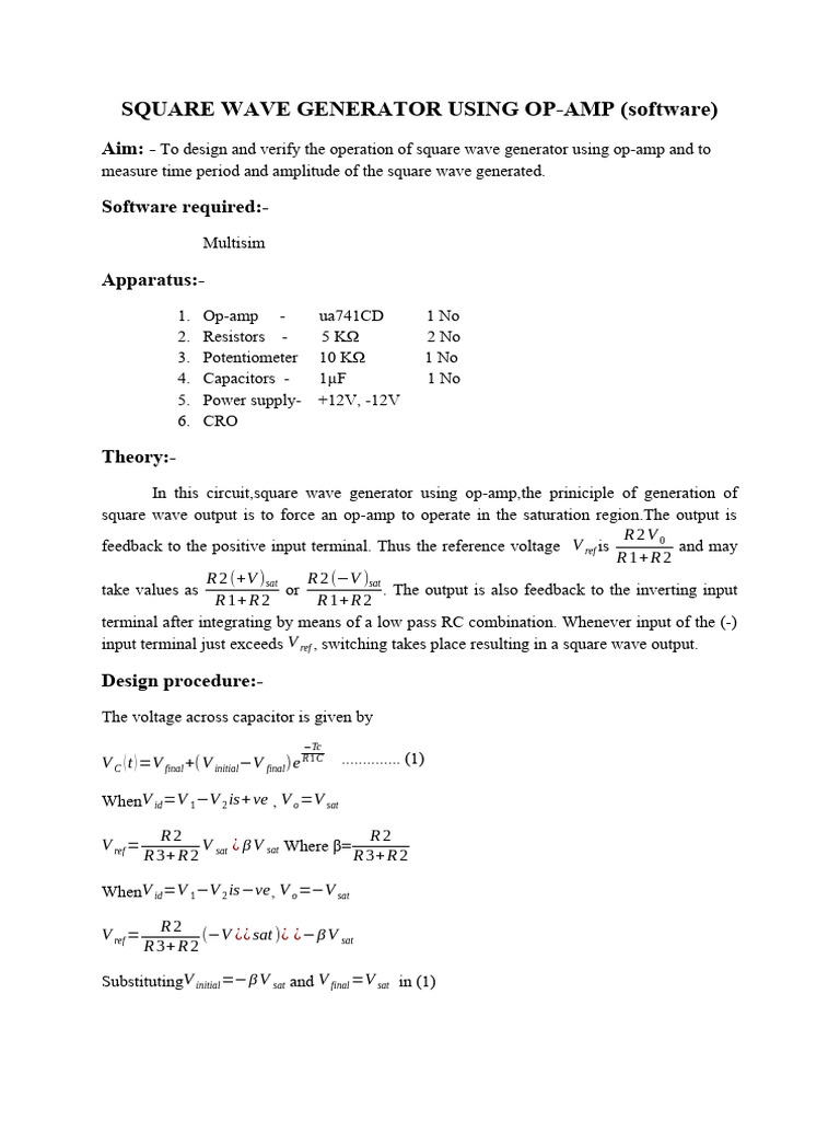 Square Wave Generator Pdf Operational Amplifier Amplitude 