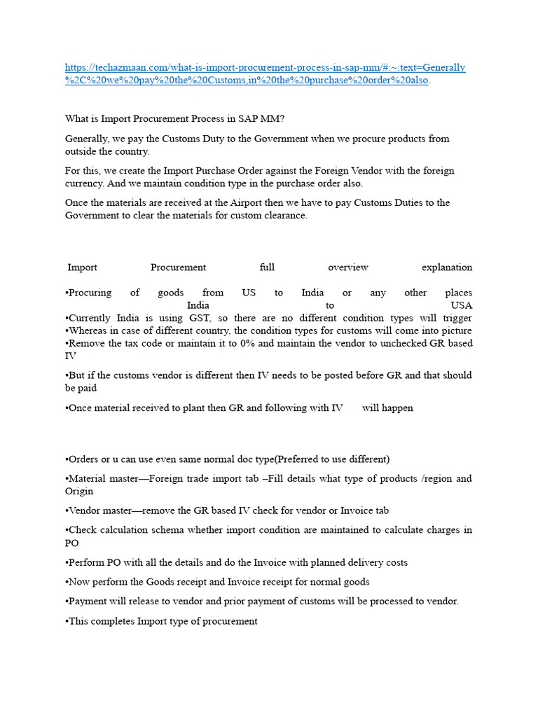Import Procurement Process in SAP MM | PDF