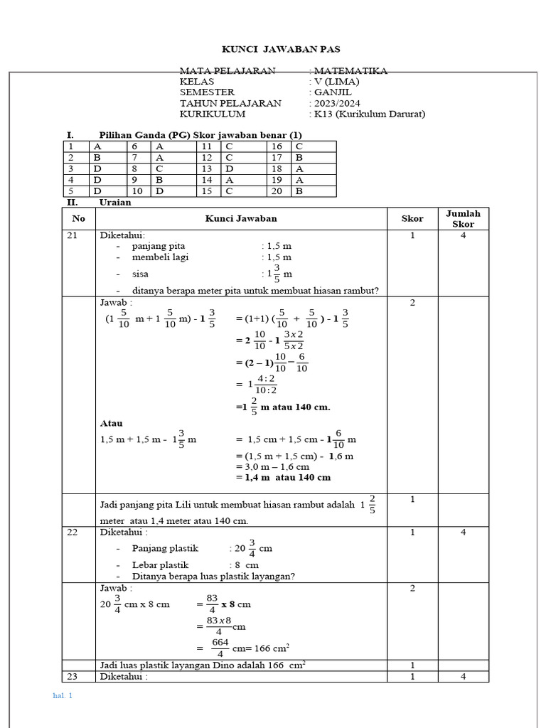 Kunci Jawaban Pas - MTK - KLS V SMT Ganjil TP 2023-2024 | PDF