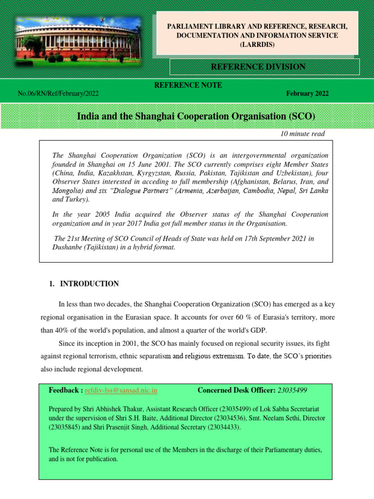 India and The Shanghai Cooperation Organisation (SCO) : Reference Note ...
