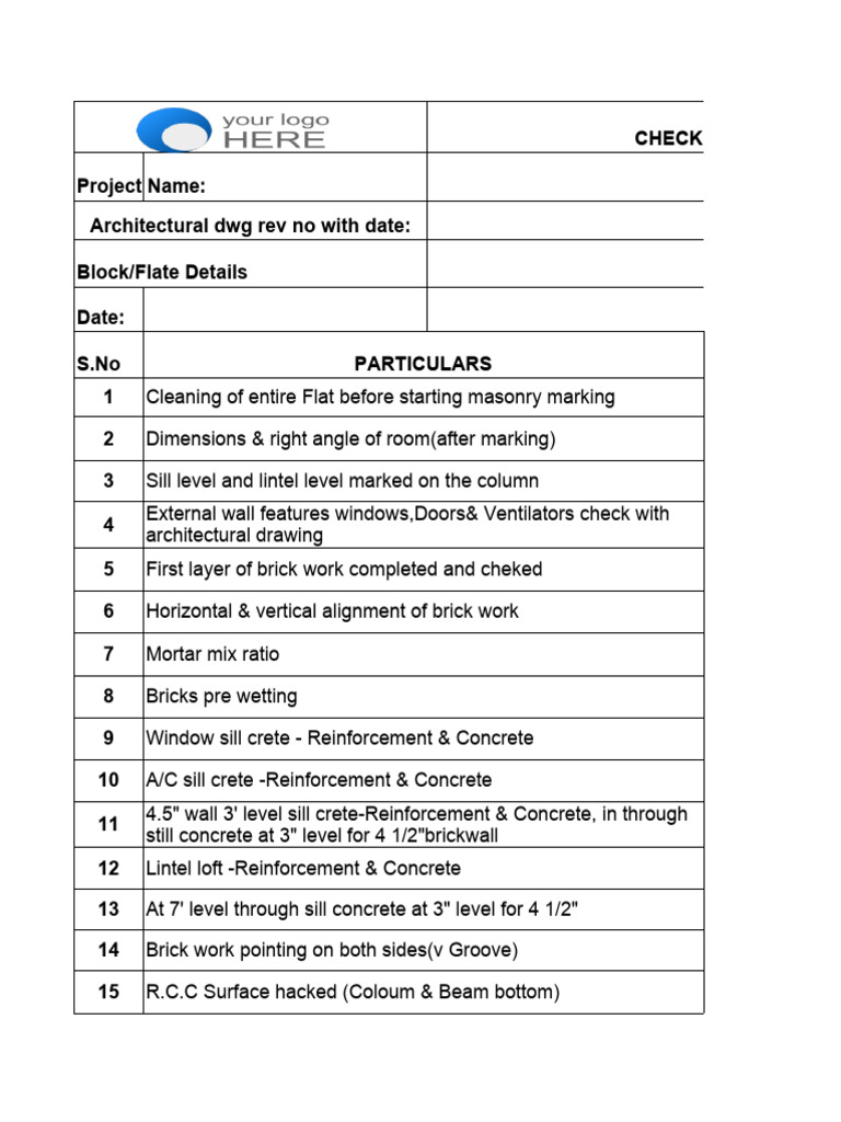 Brickwork Construction Checklist | PDF