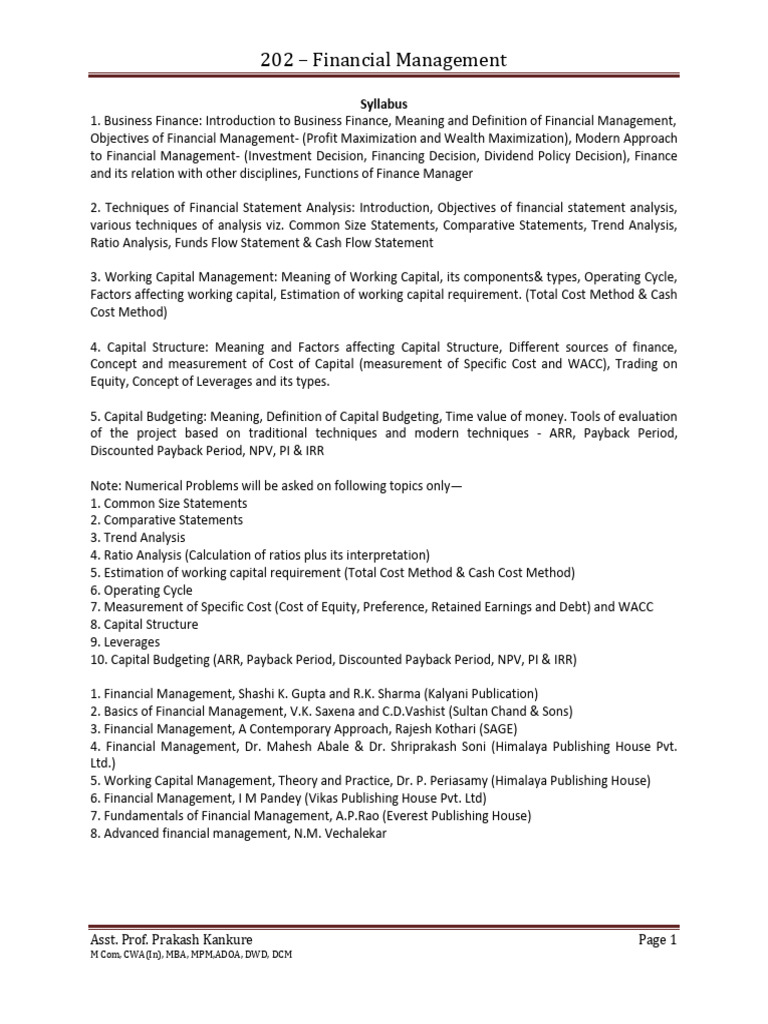 202 Financial Managmment Sppu Uni Sub Prof Notes Pdf Capital