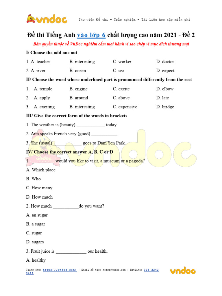 De Thi Tieng Anh Vao Lop 6 Chat Luong Cao Nam 2021 De 2 Pdf