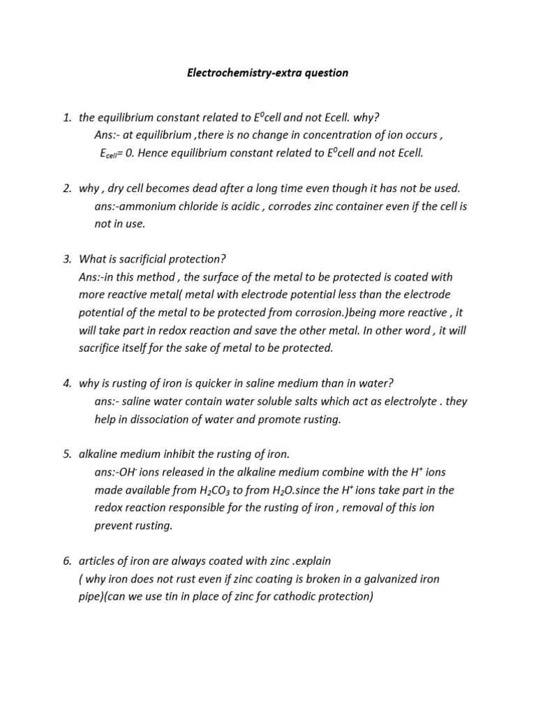 Electrochemistry - Extra Question | PDF | Rust | Corrosion