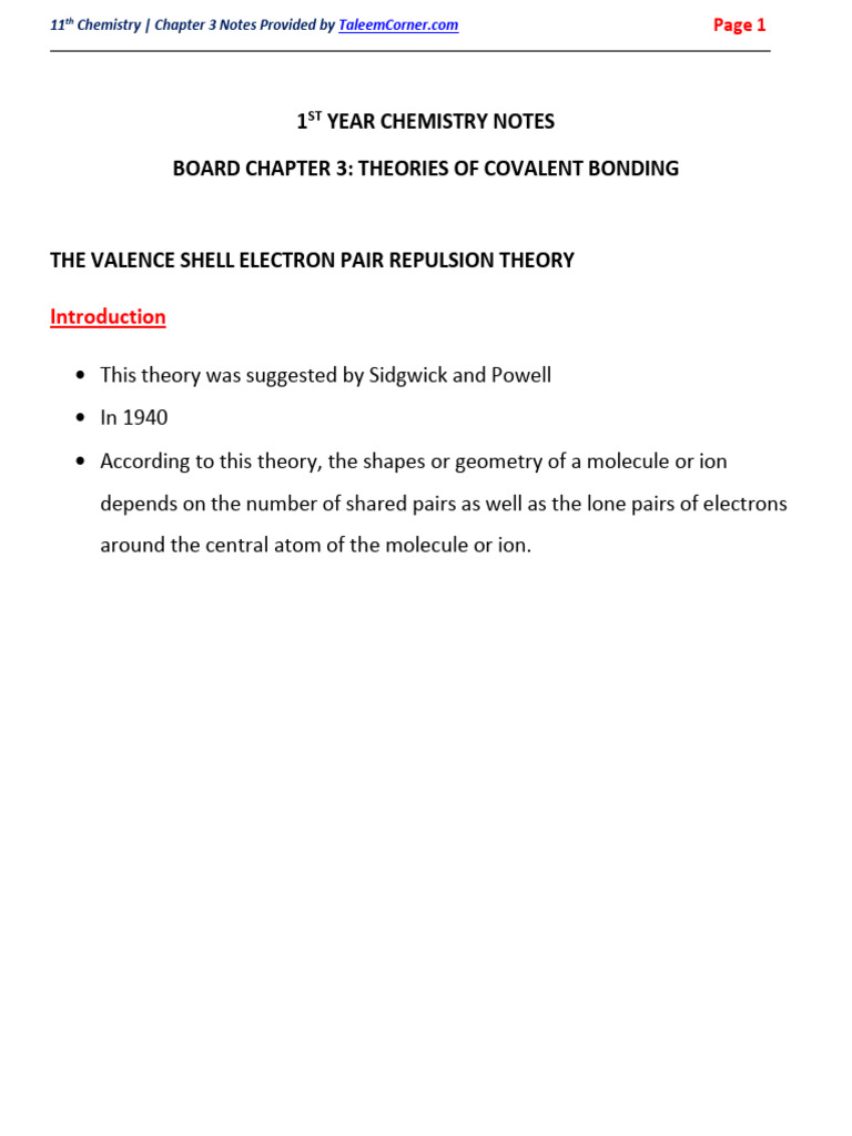 Class 11 Chemistry Chapter 3 Theories of Covalent Bonding | PDF