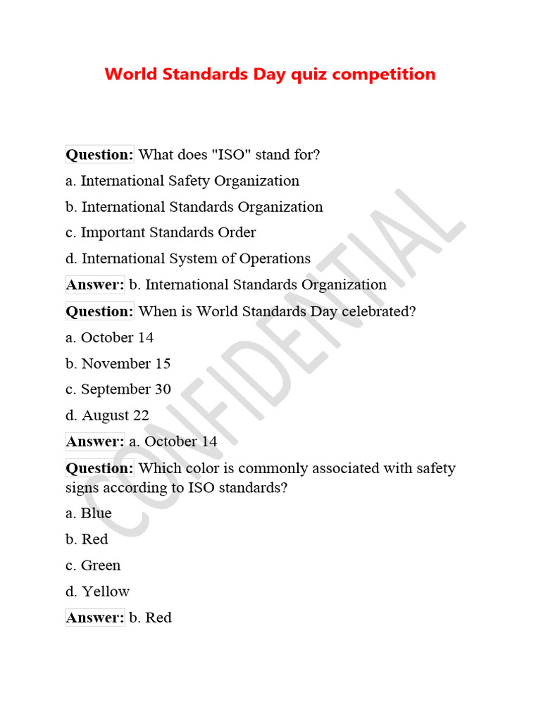 World Standards Day Quiz Questions | PDF | International ...