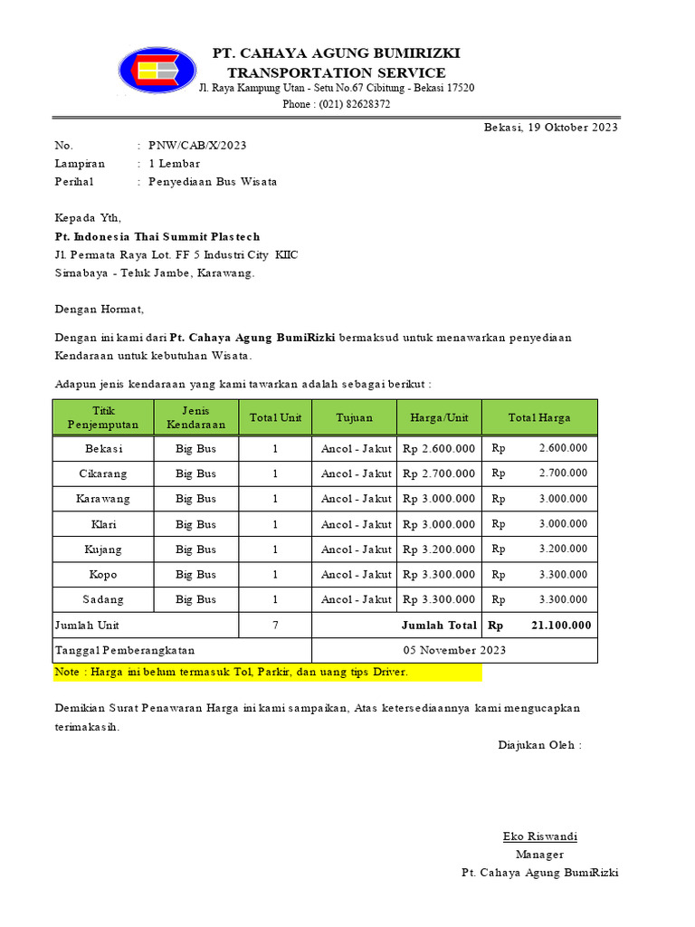 PENAWARAN HARGA BUS Per Unit | PDF