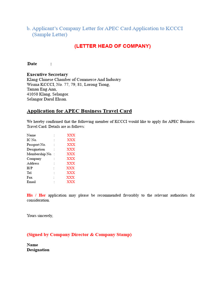 B. Applicant's Company Letter For APEC Card Application To KCCCI | PDF ...