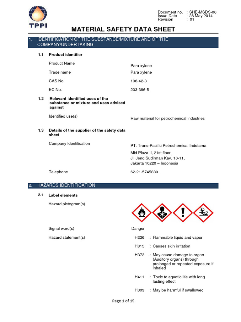 SHE-MSDS-06 PARAXYLENE (Rev.01) | Download Free PDF | Dangerous Goods | Personal Protective ...