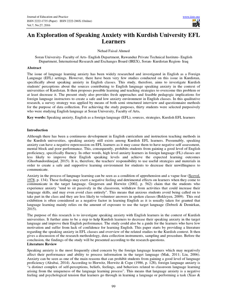 An Exploration of Speaking Anxiety With Kurdish University EFL | PDF ... An Exploration of Speaking Anxiety With Kurdish University EFL | PDF ...